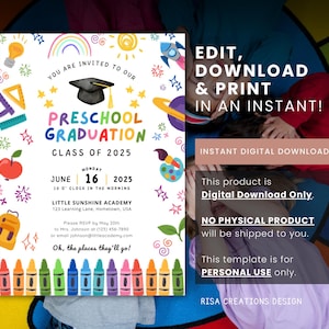 Kindergarten Graduation Invitation, Pre-k Grad Announcement Card ...