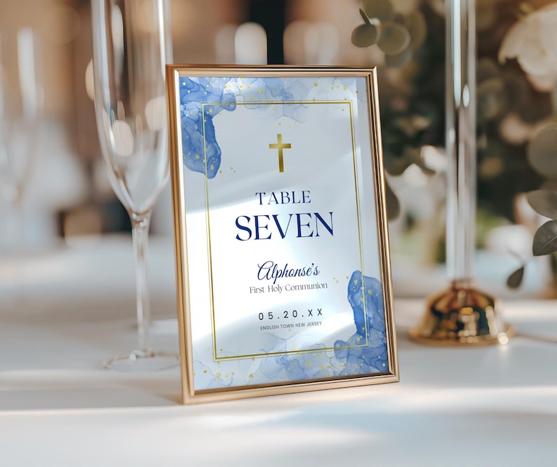 First Holy Communion Table Number Template, Blue Gold Table Cards ...