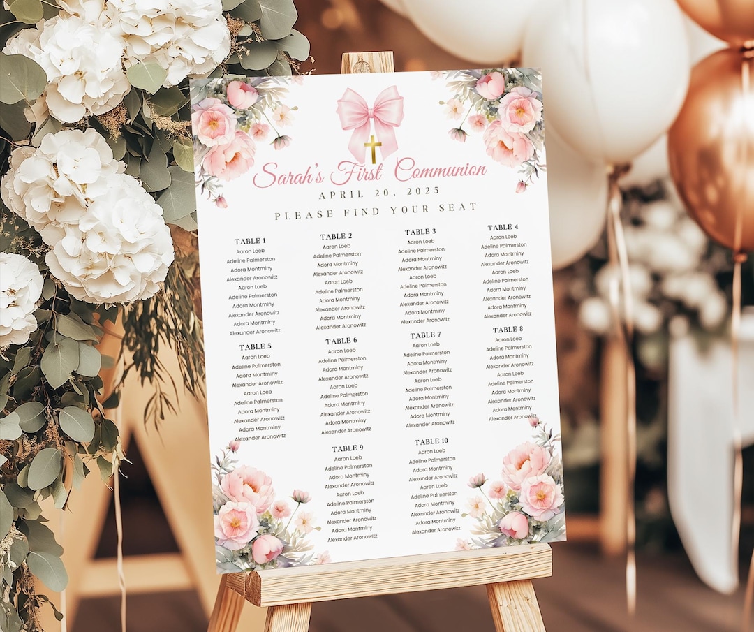 Pink First Communion Seating Chart, Editable Girl Communion Seating ...