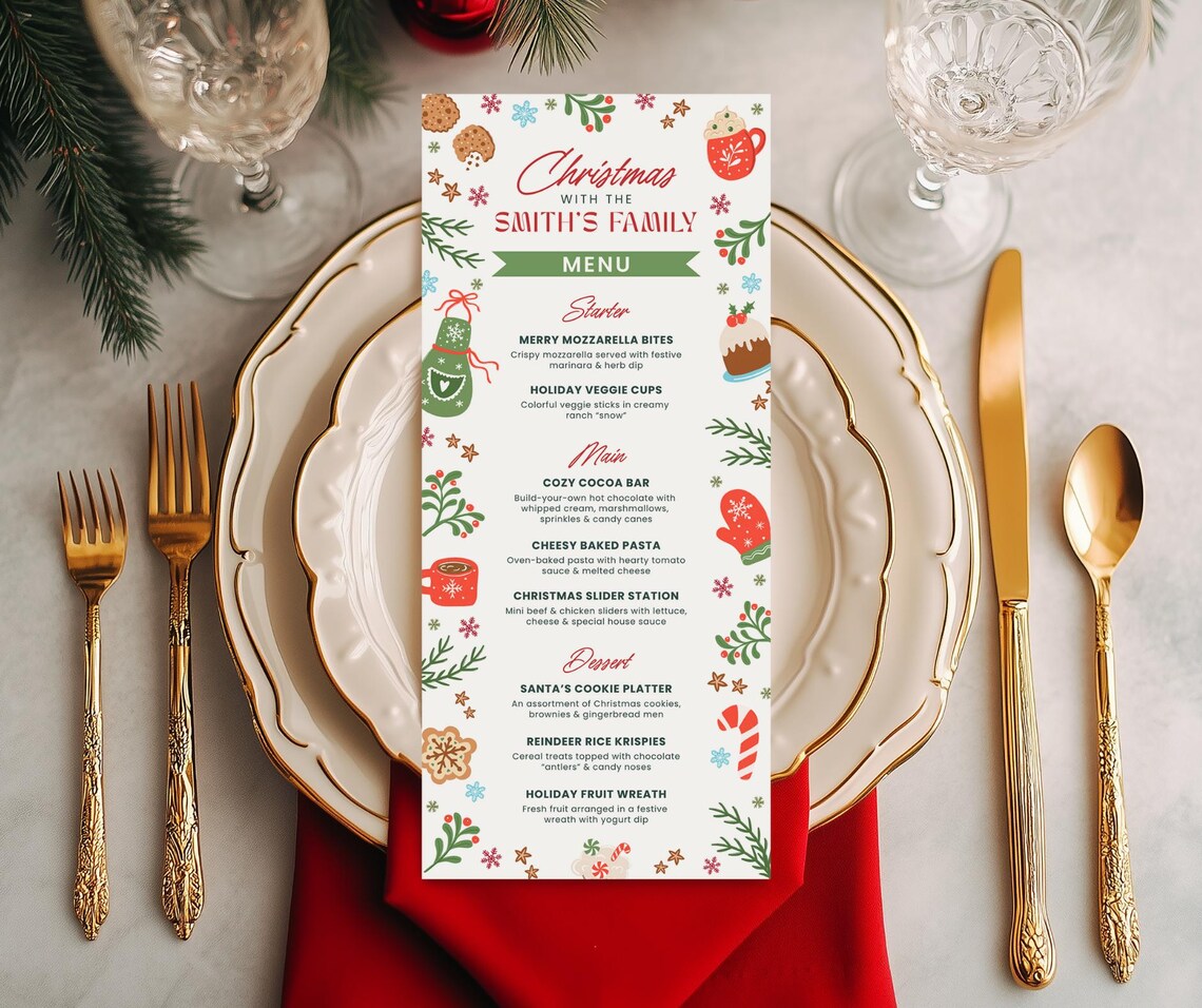 Christmas Dinner Menu Template, Printable 4×9 Holiday Menu Card ...