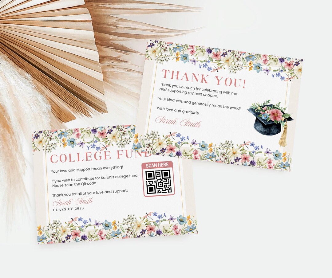 Wildflower Graduation Thank You & College Fund QR Card (canva Template ...