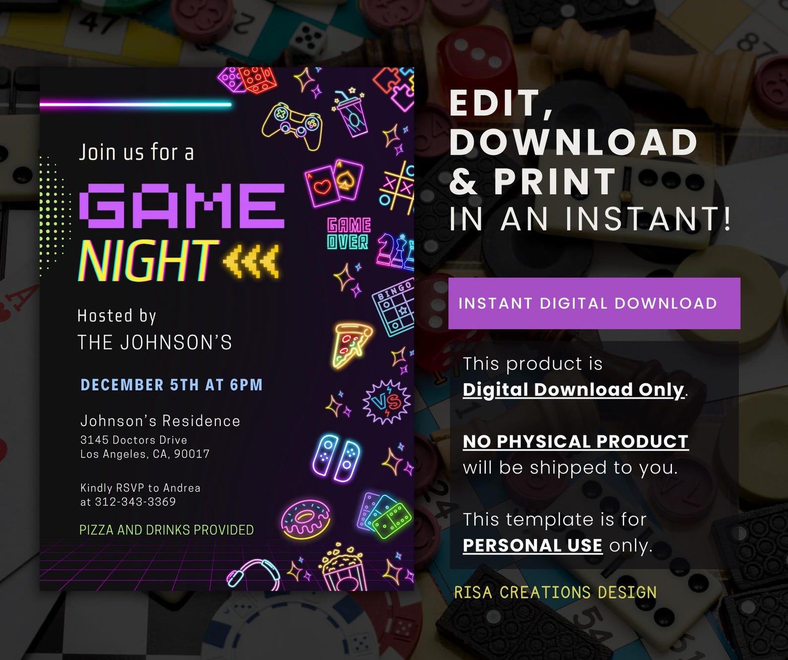 Game Night Invitation – Neon Video Game Party Invite, Editable Gamer ...