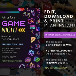 Game Night Invitation – Neon Video Game Party Invite, Editable Gamer ...