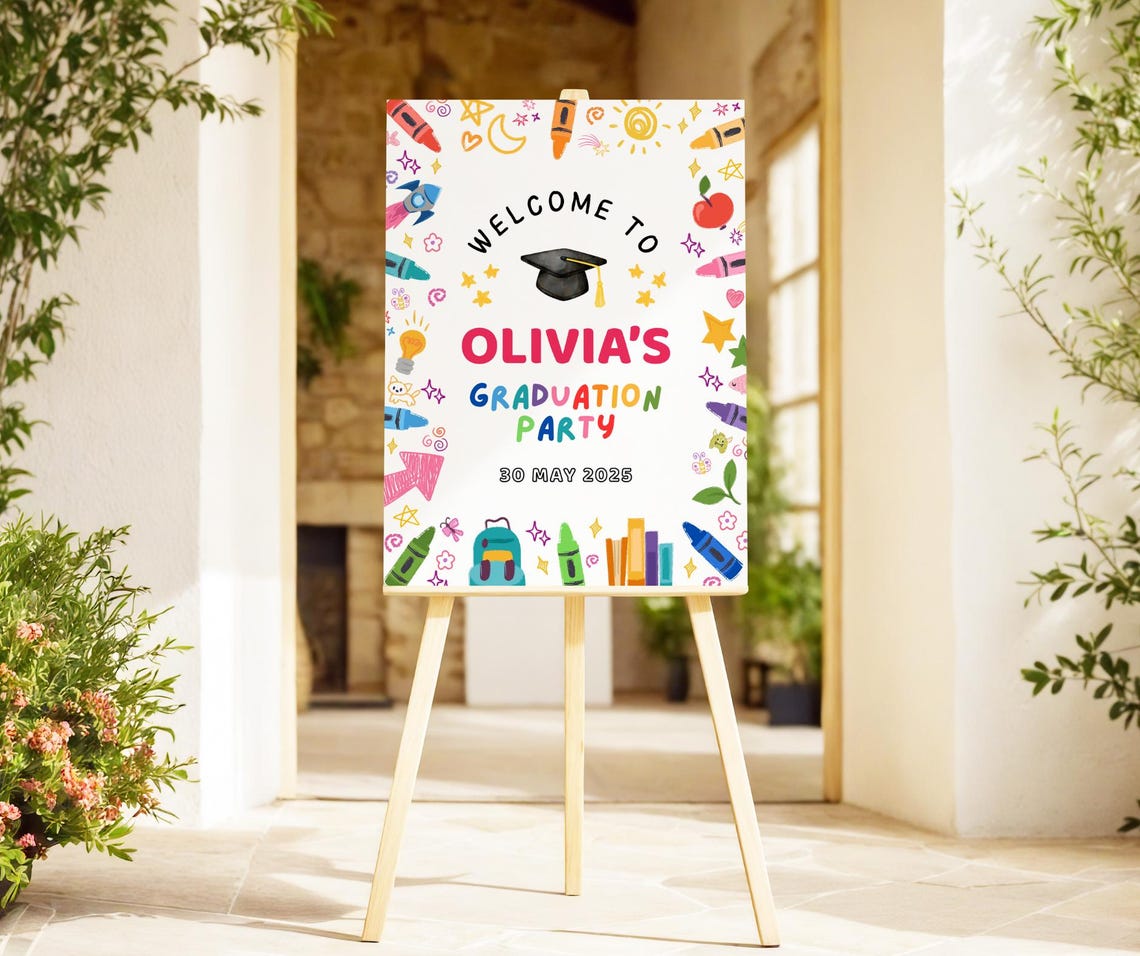 Preschool Graduation Welcome Sign: Crayon Theme Party Decor (editable ...