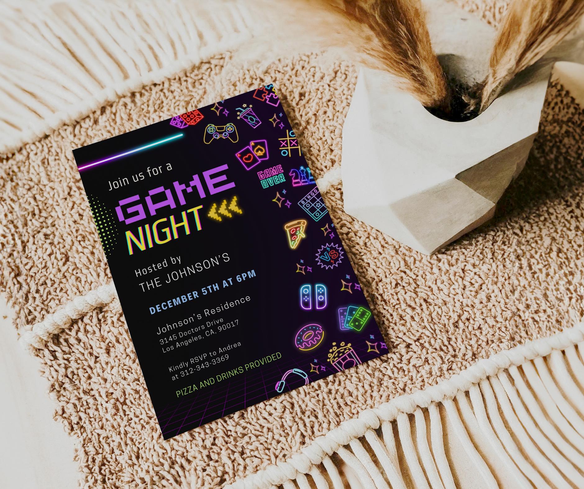Game Night Invitation – Neon Video Game Party Invite, Editable Gamer ...