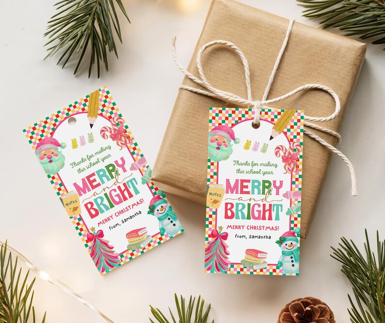 Editable Merry & Bright Christmas Gift Tags, Teacher Thank You Tag ...