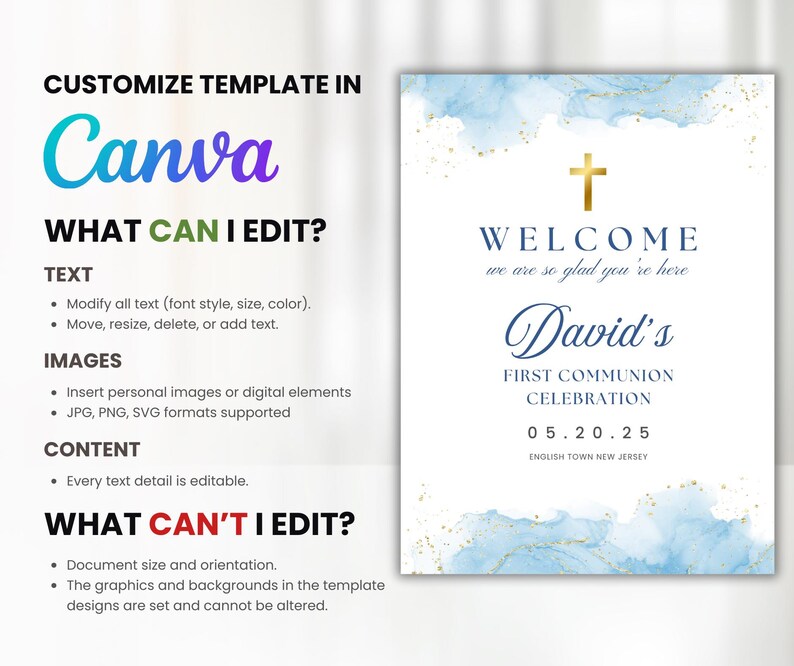 First Communion Seating Chart, Editable Canva Seating Plan Poster, Blue ...
