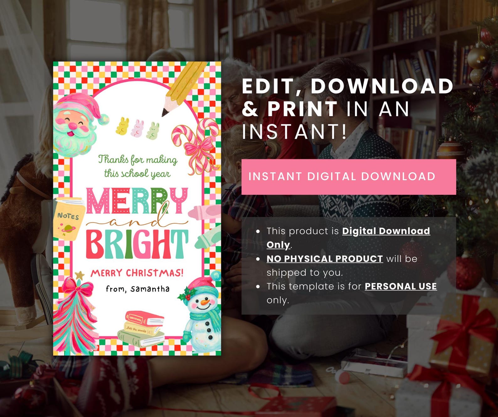 Editable Merry & Bright Christmas Gift Tags, Teacher Thank You Tag ...