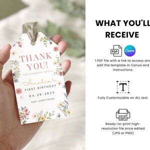 Wildflower Birthday Favor Tag, Floral Wild One Thank You Tag, Editable ...