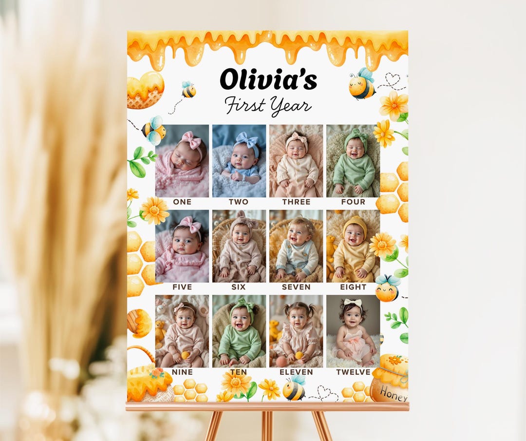 Honey Bee 1st Birthday Photo Milestone Board, Editable Sweet to Bee One ...