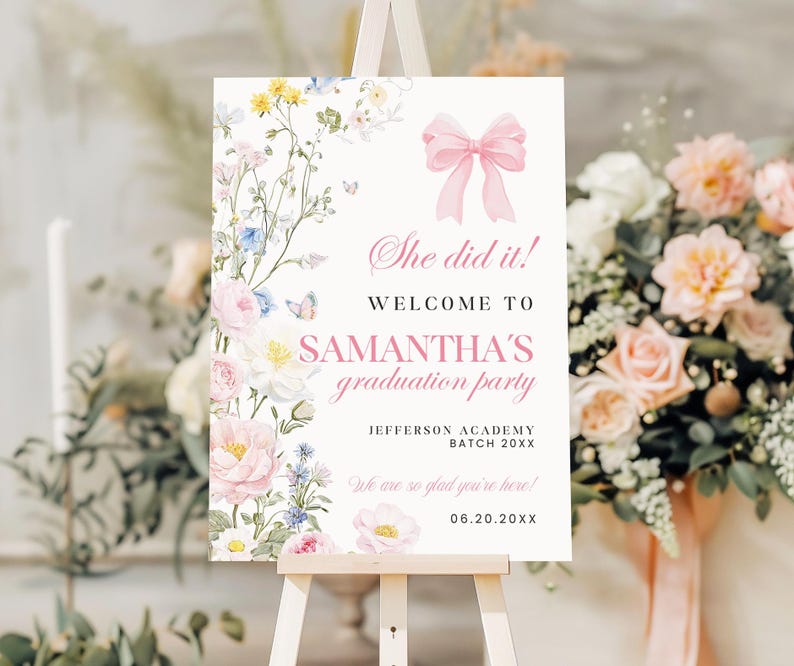 Graduation Welcome Sign Template, Editable Canva Wildflower Party Sign ...