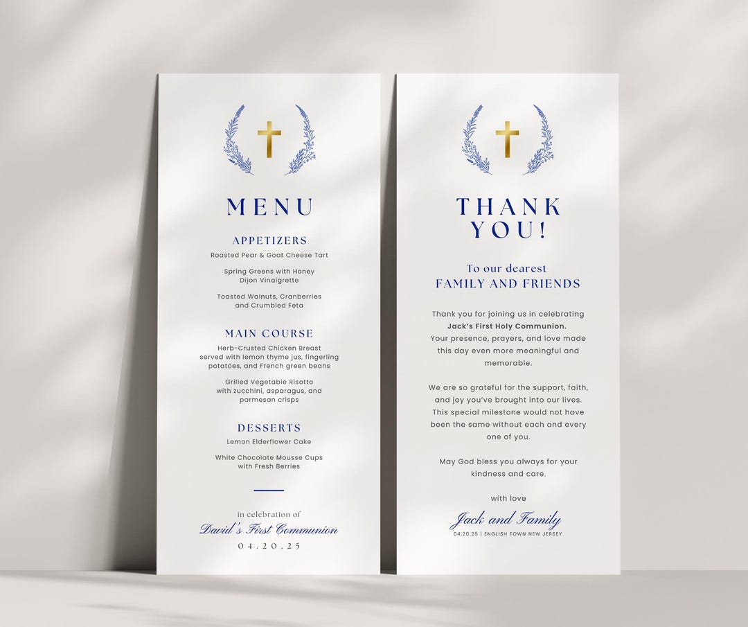 First Holy Communion Menu Thank You Card Set, Blue Gold Cross, Editable ...