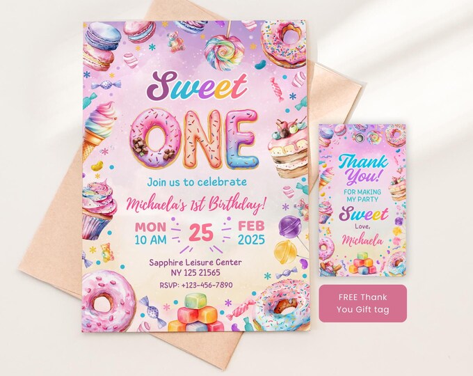 Sweet One Birthday Invitation: Donut Candy Theme (editable Canva ...