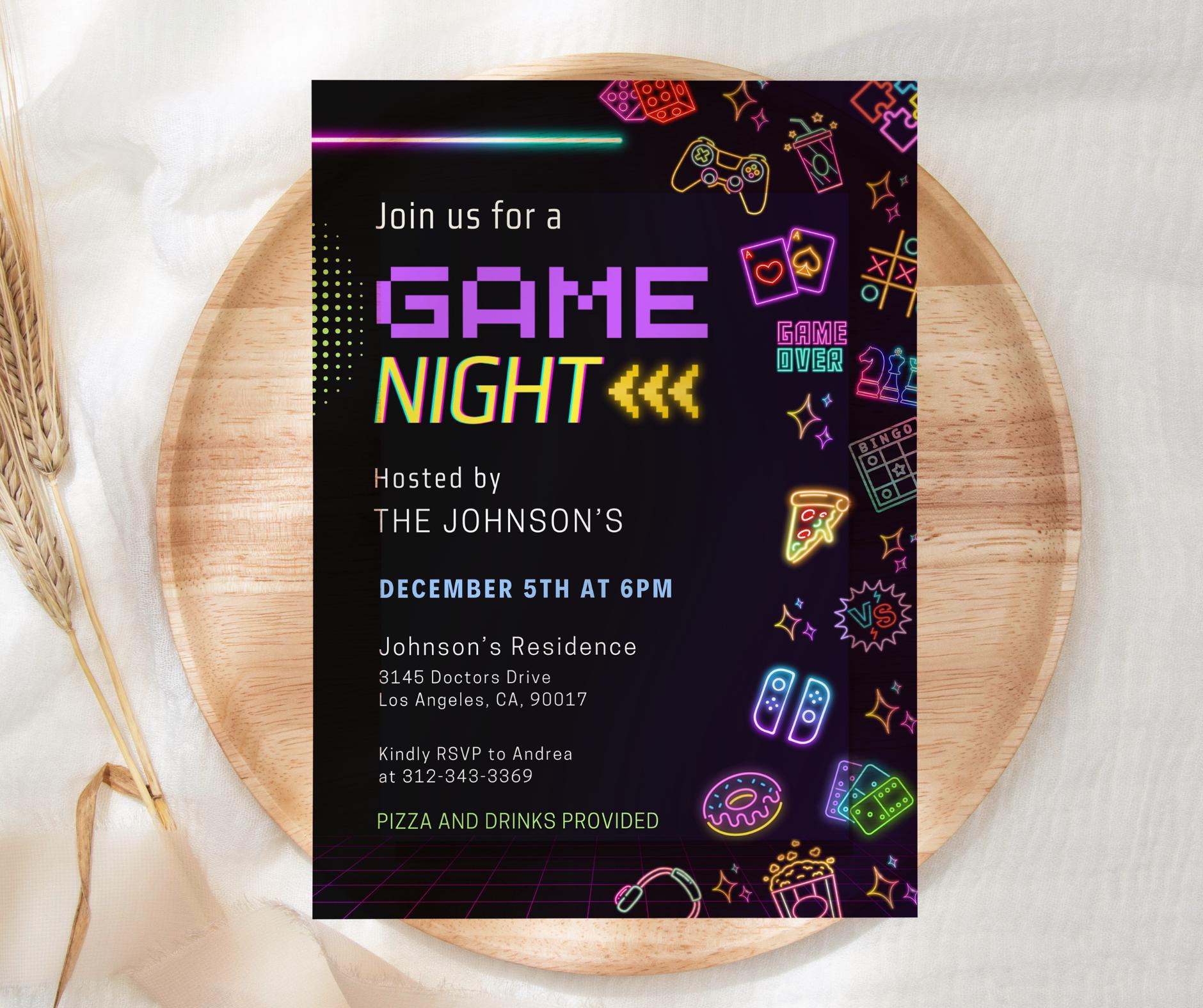 Game Night Invitation – Neon Video Game Party Invite, Editable Gamer ...