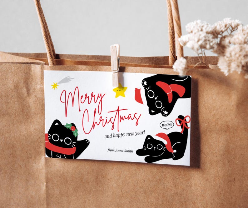 Editable Merry Christmas Gift Tag, Black Cat Christmas Gift Tag ...