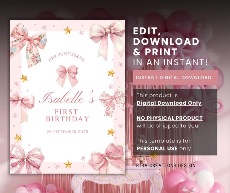Bow Birthday Welcome Sign Template, Pink Coquette Bows Party Sign ...