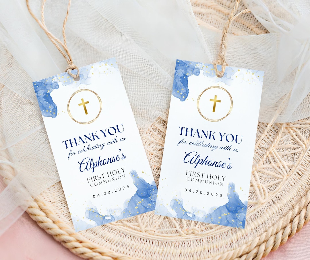 Blue First Communion Favor Tags, Gold Cross, Editable in Canva, 2x3.5 ...