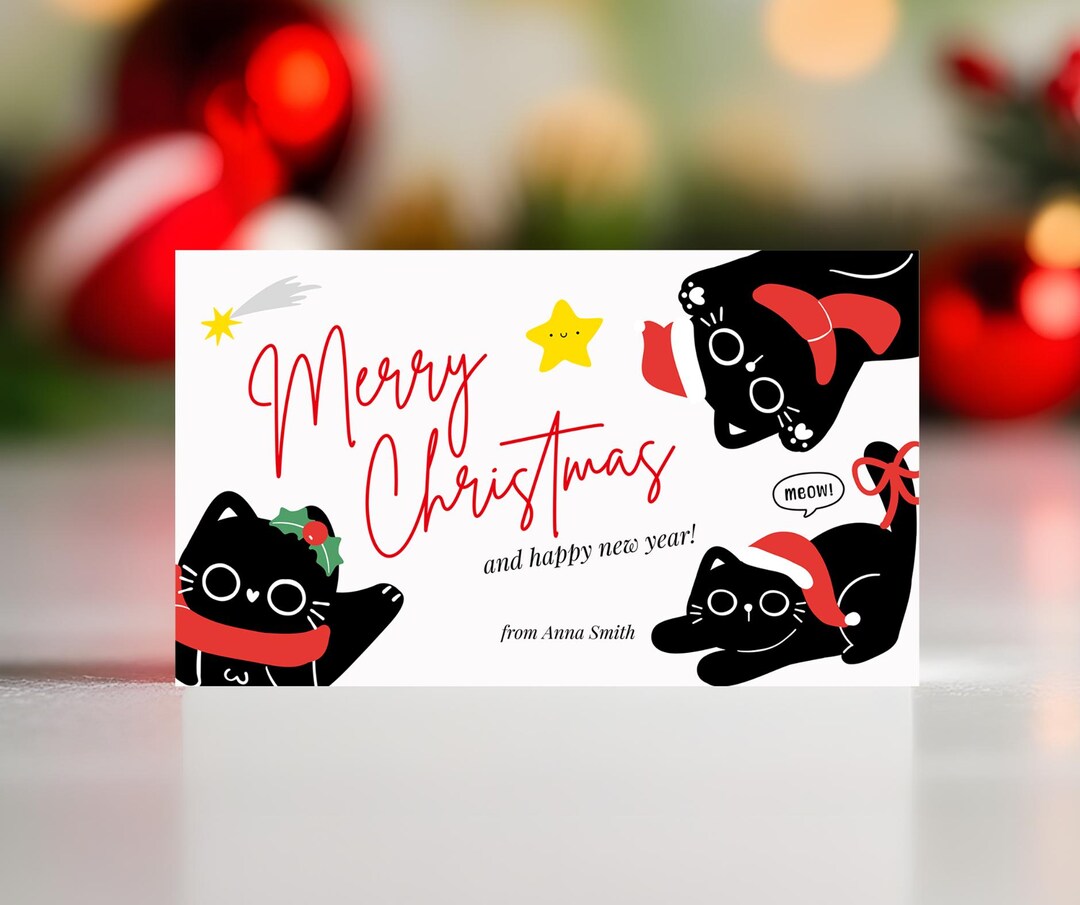 Editable Merry Christmas Gift Tag, Black Cat Christmas Gift Tag ...
