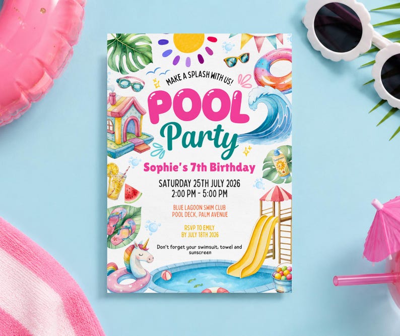 Pool Party Birthday Invitation Template, Make a Splash Kids Swim Party ...