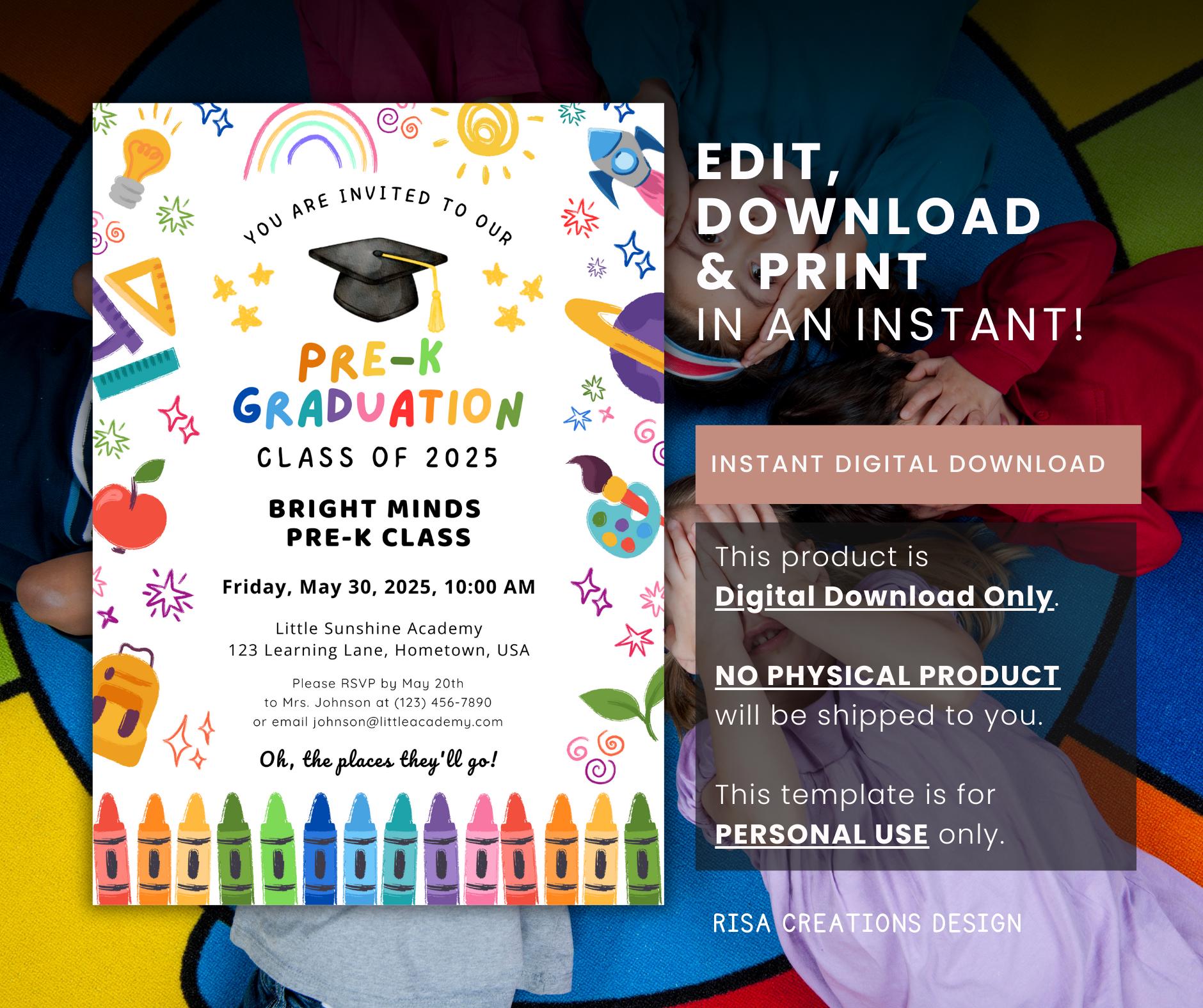 Preschool Graduation Invitation, Pre-k Grad Announcement Card Editable ...