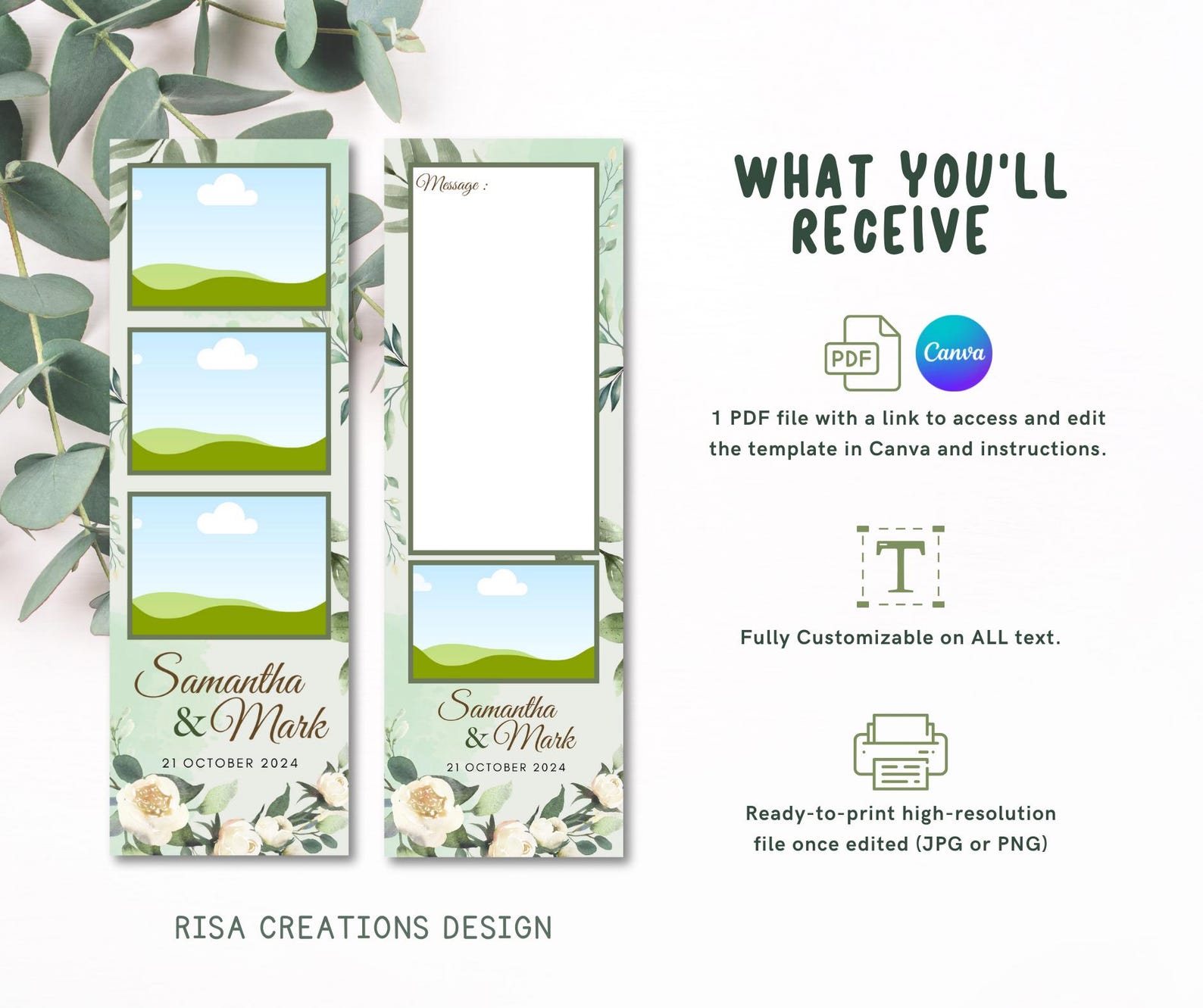 Green Floral Wedding Photobooth Template: 2x6 Photo Strips (canva ...