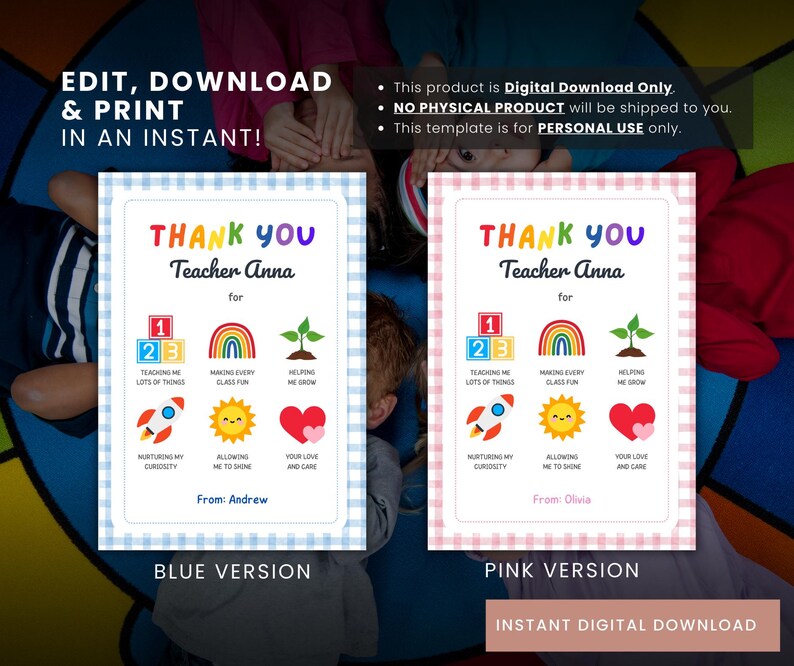 Editable Teacher Thank You Card, Printable Appreciation Gift, Canva ...