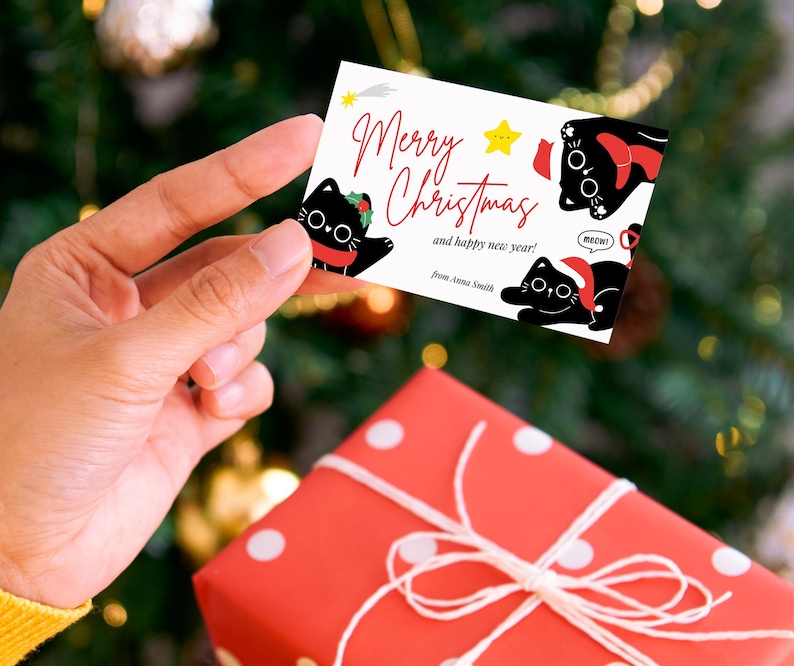 Editable Merry Christmas Gift Tag, Black Cat Christmas Gift Tag ...
