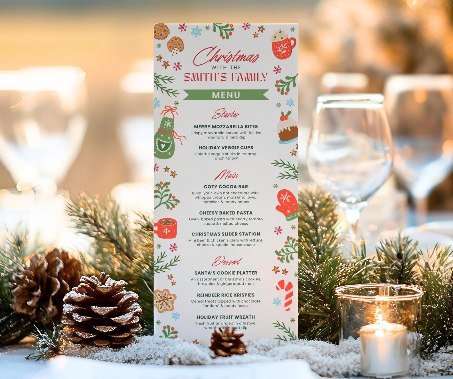 Christmas Dinner Menu Template, Printable 4×9 Holiday Menu Card ...