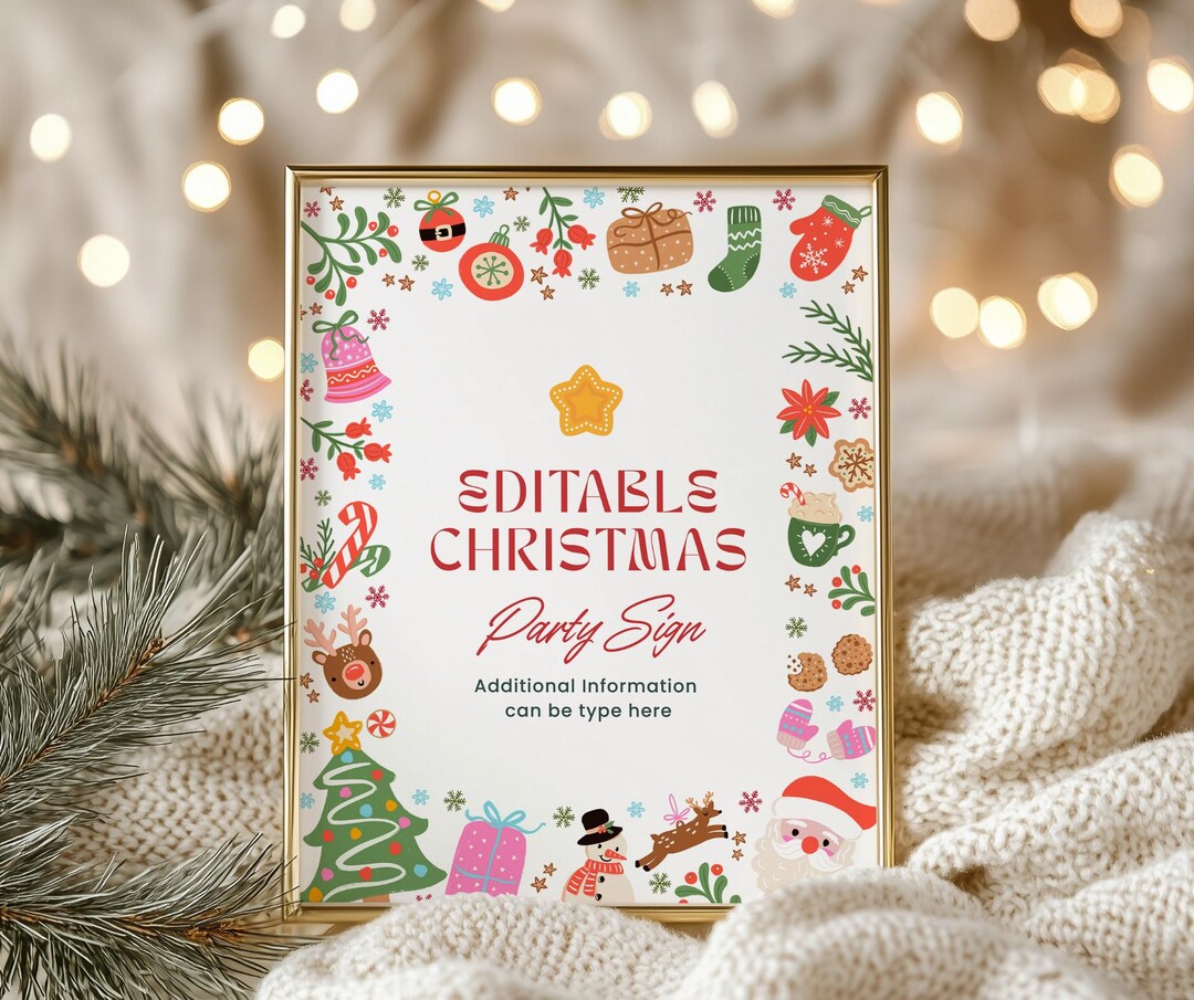 Editable Christmas Party Sign, 8x10 Xmas Table Sign, Winter Holiday ...