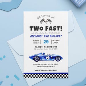 Two Fast Birthday Invitation, Blue Race Car Birthday Party Invite ...