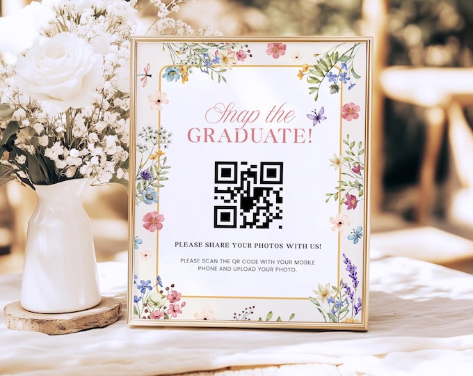 Wildflower Graduation Photo Sign, QR Code Guest Book Party Decor ...