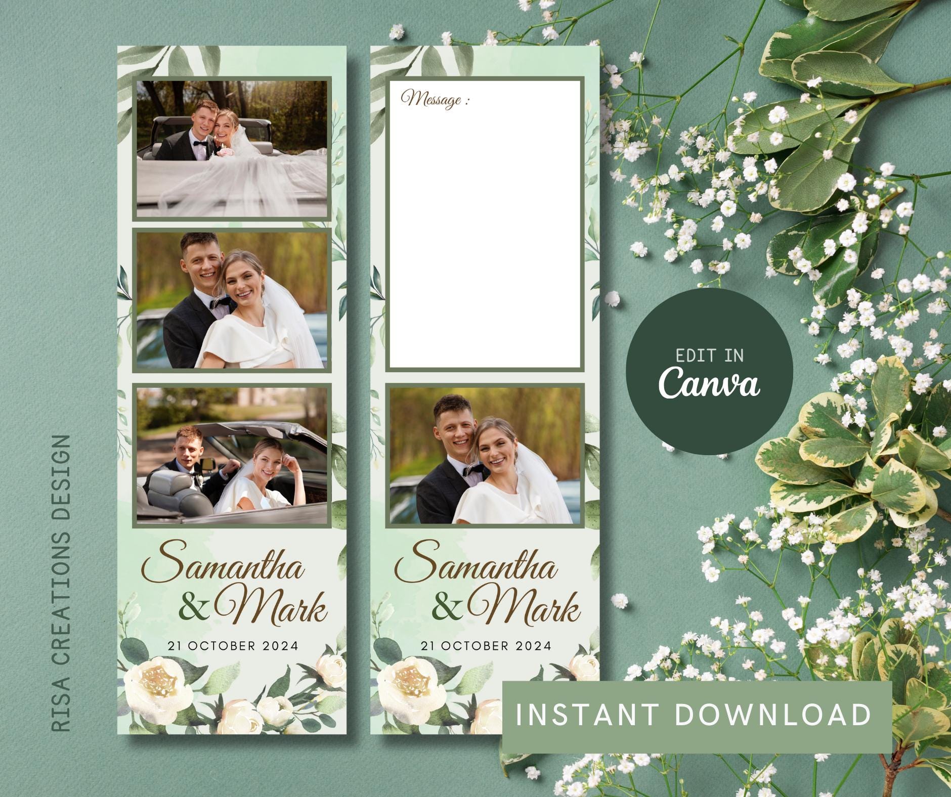 Green Floral Wedding Photobooth Template: 2x6 Photo Strips (canva ...