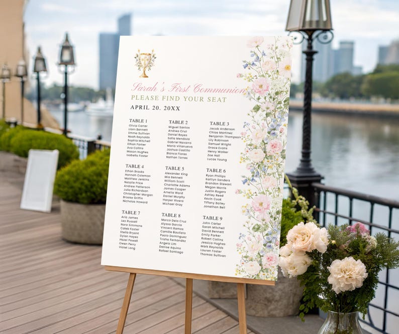 First Communion Seating Chart Template, “find Your Seat” Floral Seating ...