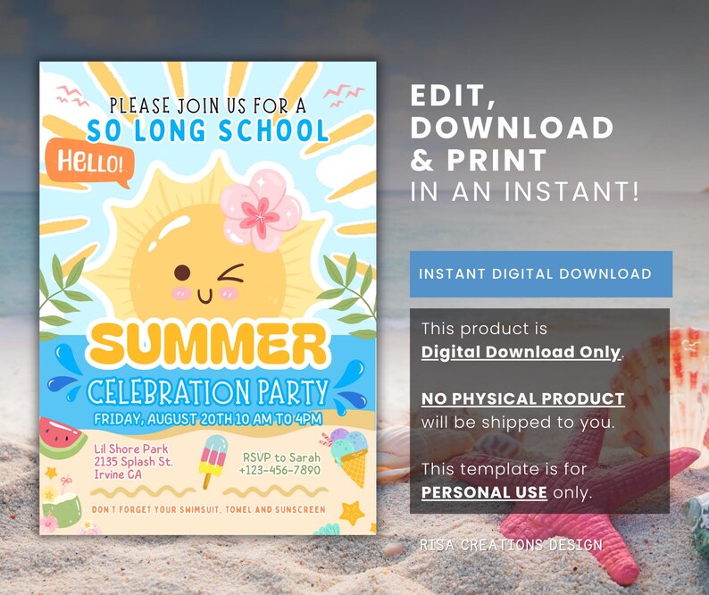 So Long School Summer Party Invitation Template, Editable Canva End of ...