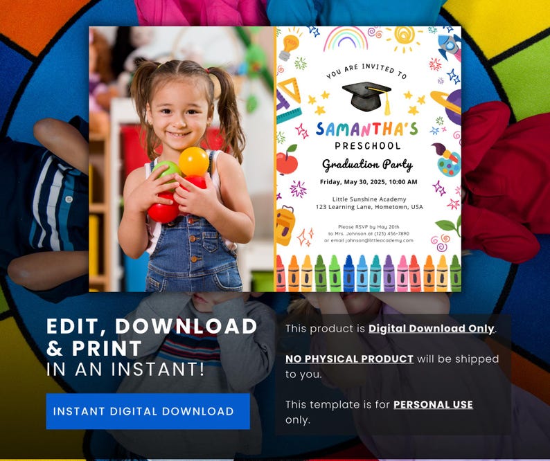 Preschool Graduation Invitation, Pre-k Grad Announcement Card Editable ...