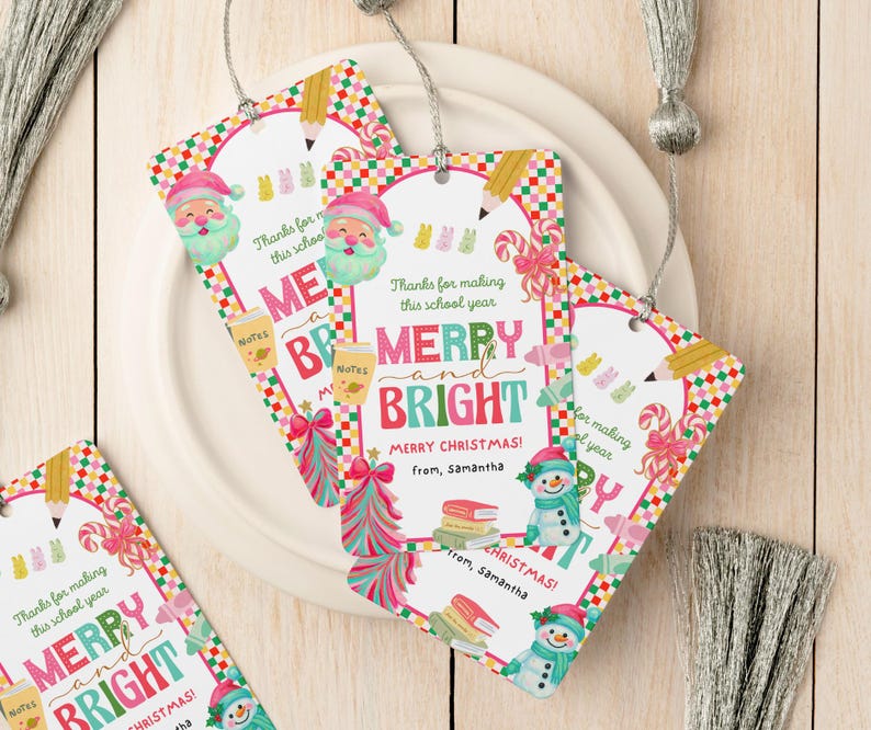 Editable Merry & Bright Christmas Gift Tags, Teacher Thank You Tag ...