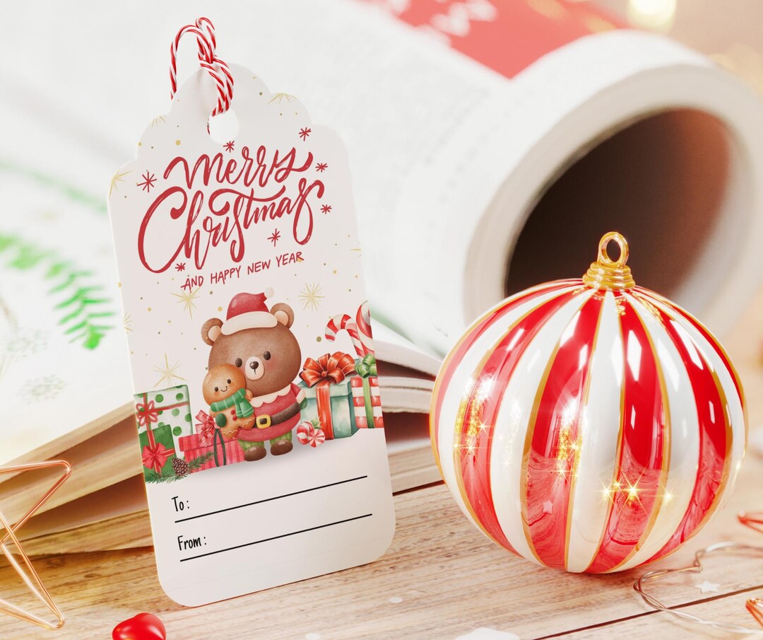 Editable Santa Bear Christmas Gift Tags, Watercolor Holiday Tags, Cute ...