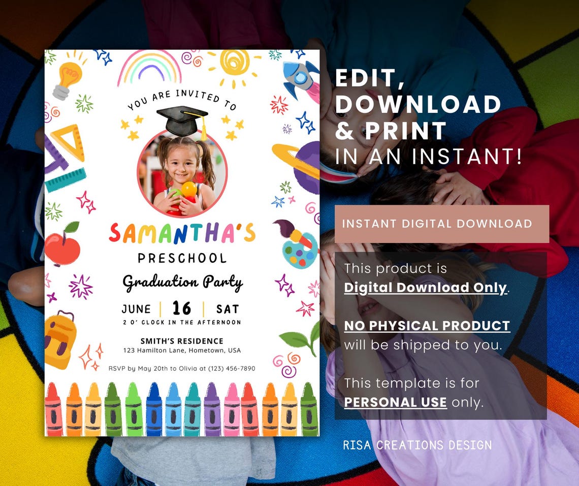 Editable Pre-k Graduation Invitation: Colorful Crayon Design (digital ...