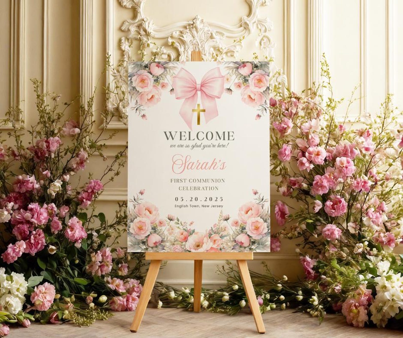 First Communion Welcome Sign Template, Pink Floral Bow Communion Sign ...