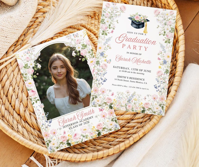 Graduation Party Invitation, Editable Canva Template, Wildflower Grad ...