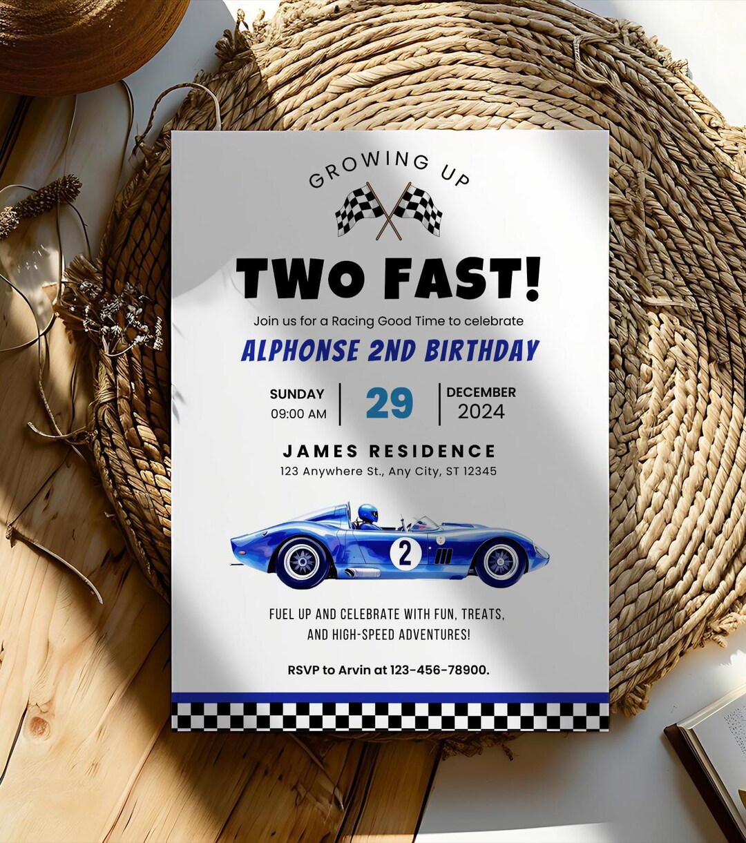 Two Fast Birthday Invitation – Blue Race Car Invite, Editable Boy 2nd ...