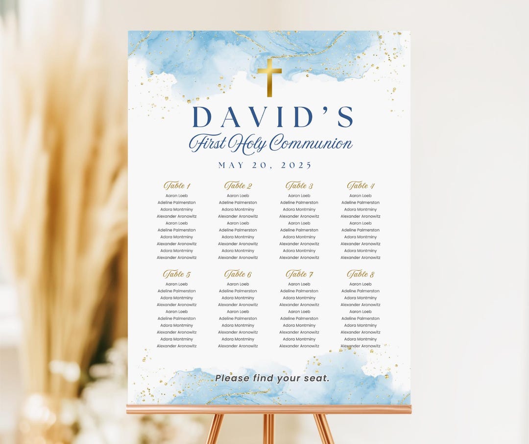 Blue First Communion Seating Chart, Boys Editable Table Assignment Sign ...