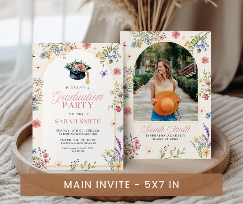 Wildflower Graduation Bundle Template, Editable Canva Party Set, Photo ...