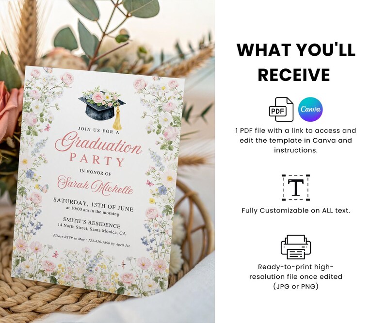 Graduation Party Invitation, Editable Canva Template, Wildflower Grad ...