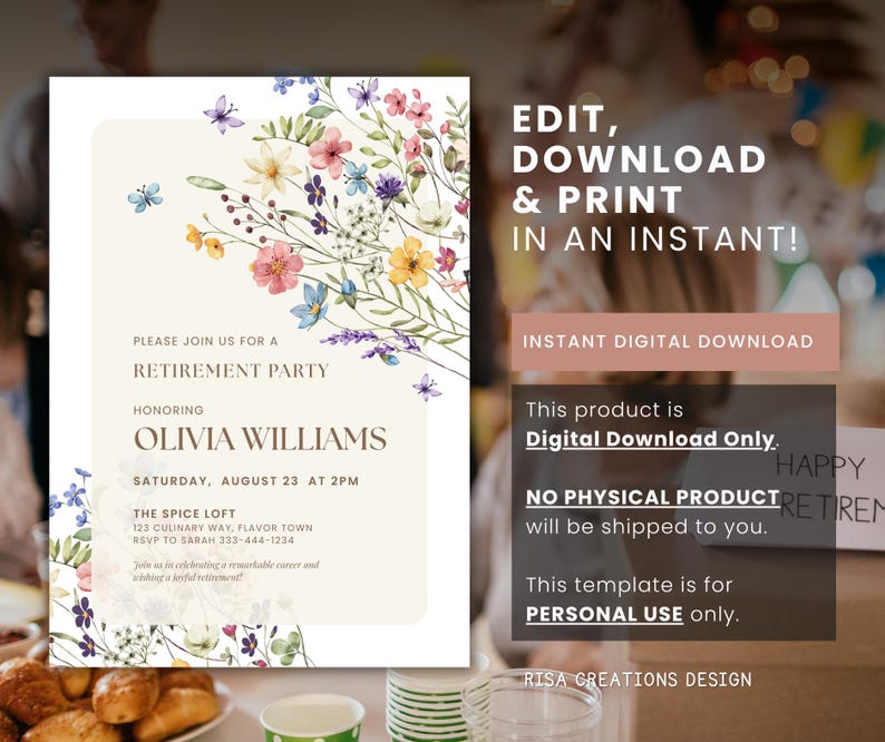 Wildflower Retirement Party Invitation, Garden Celebration, Editable ...