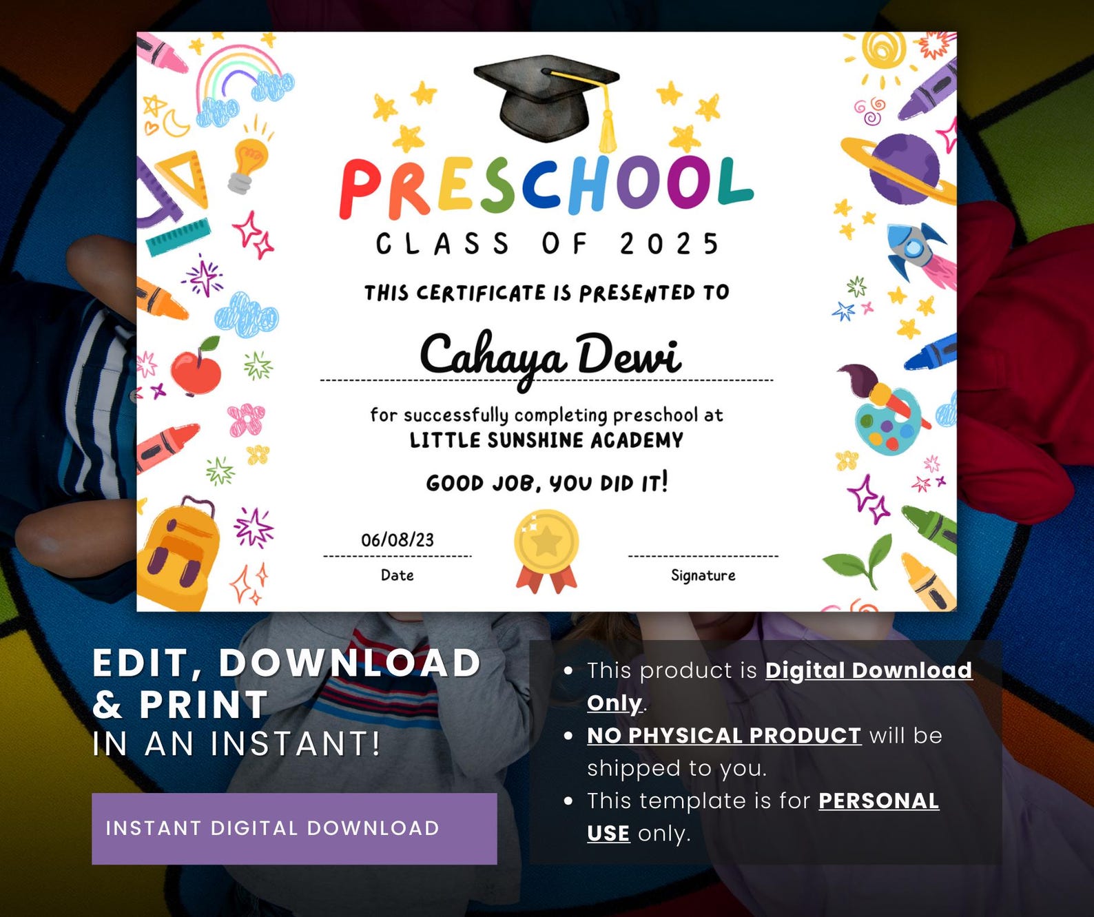 Preschool Graduation Certificate Template, Printable Diploma, Award ...