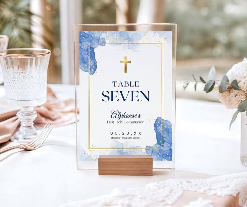 First Holy Communion Table Number Template, Blue Gold Table Cards ...