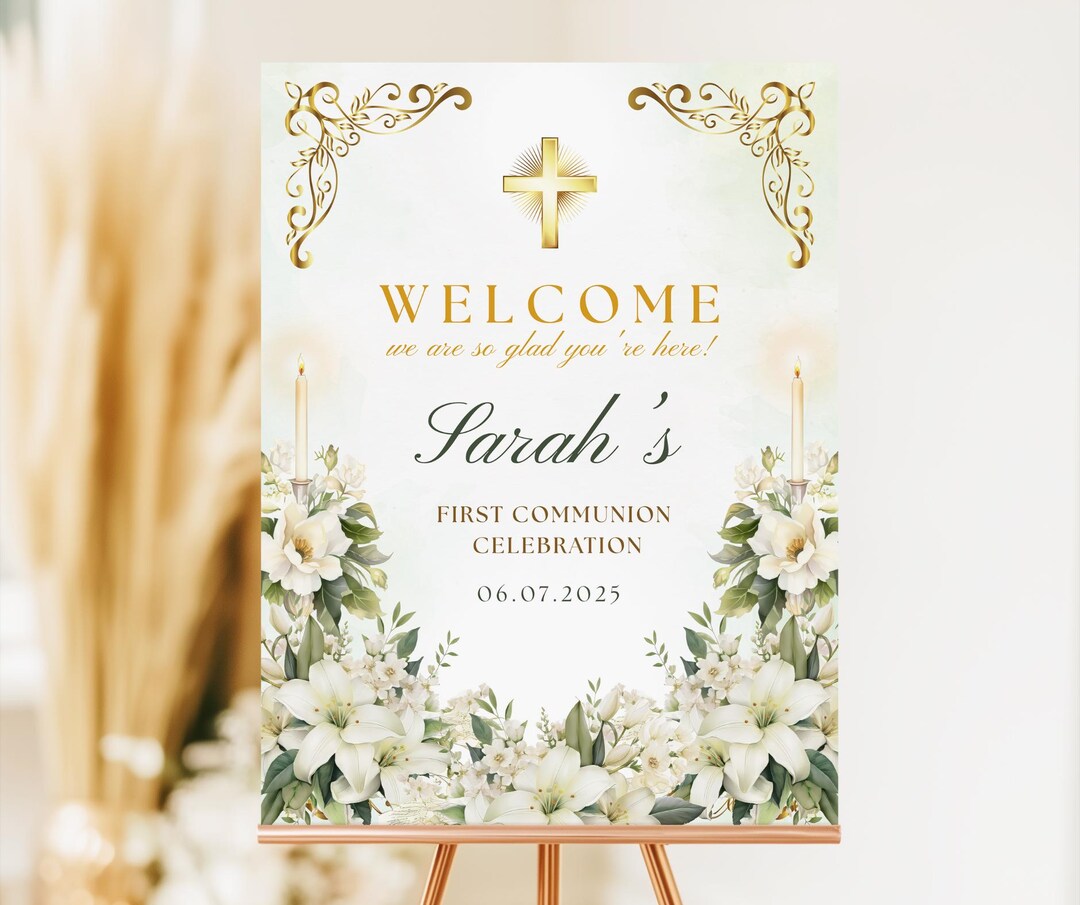 Editable First Communion Welcome Sign, Green and Gold Floral Poster ...