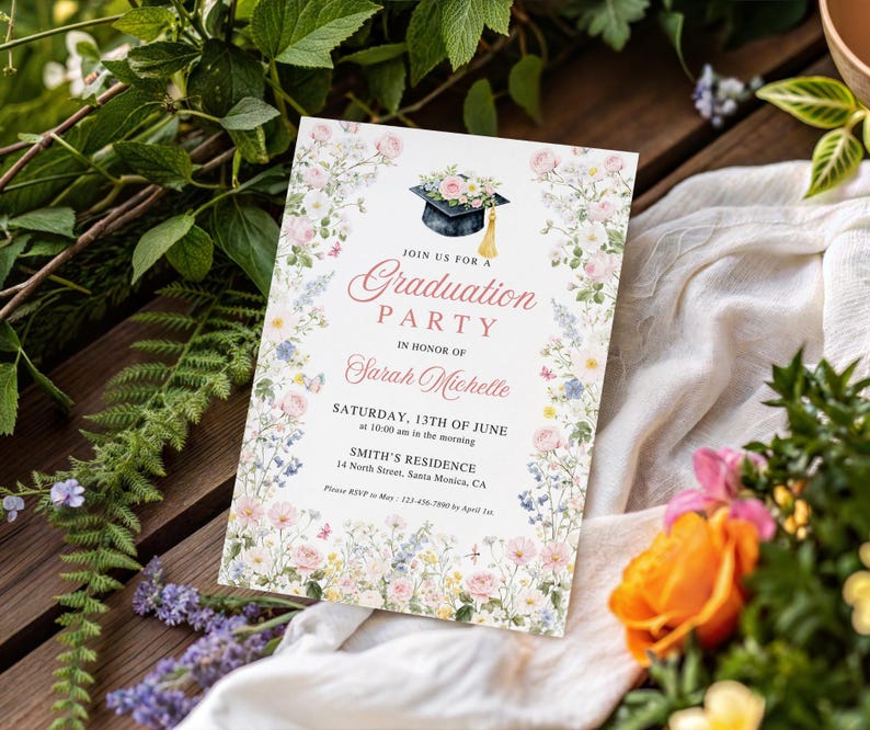Graduation Party Invitation, Editable Canva Template, Wildflower Grad ...