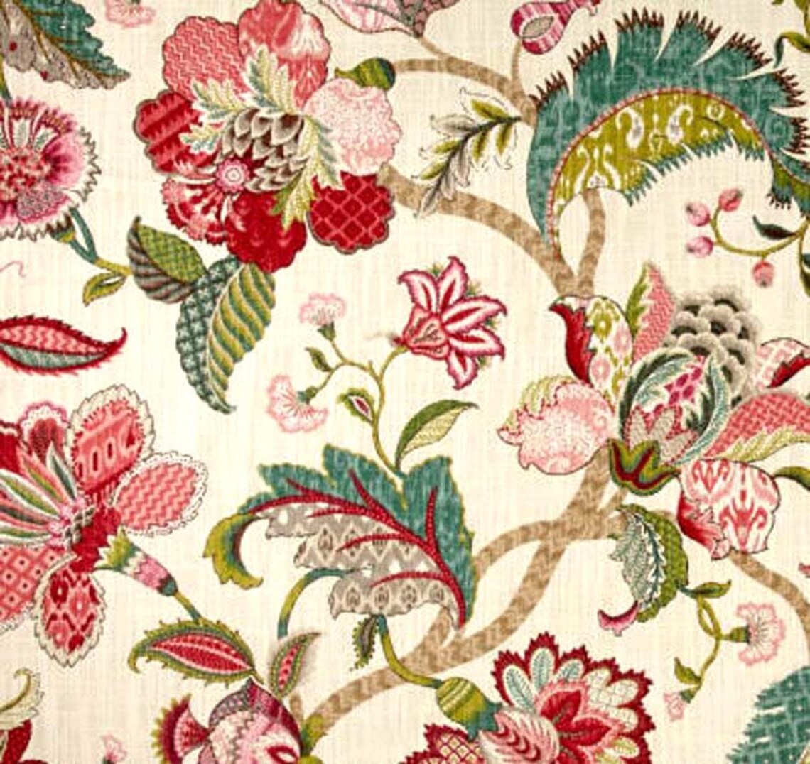 Raspberry Window Curtains Jacobean Floral Drapes | Etsy